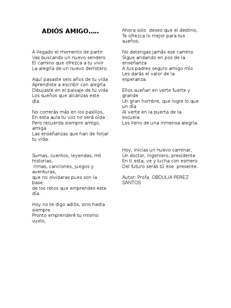 Adiós Amigo, Poesia de Despedida Autor. Obdulia Perez Santos | PDF