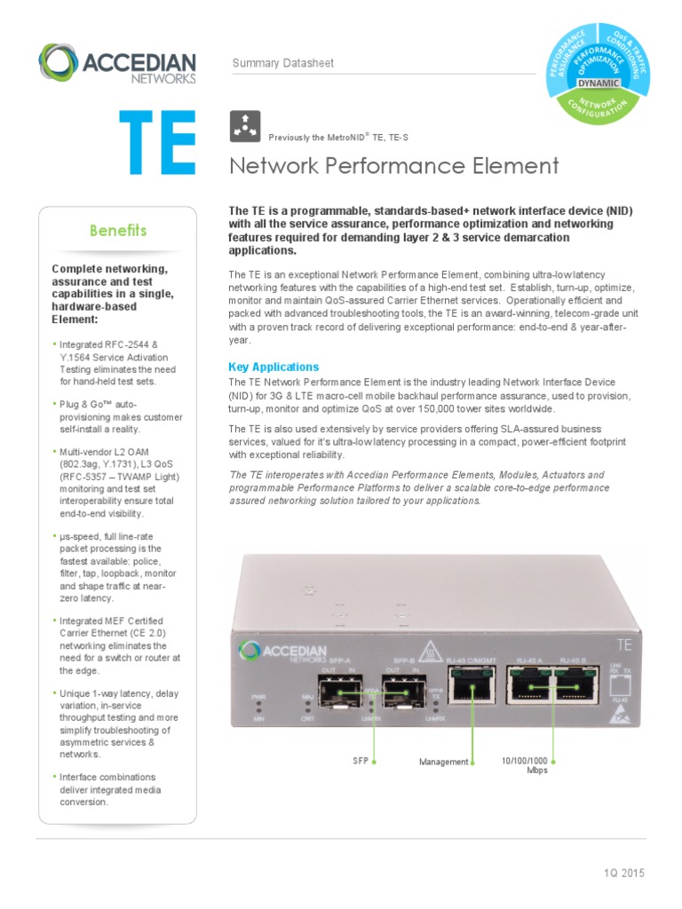 Accedian TE Datasheet | PDF | Quality Of Service | Network Interface ...