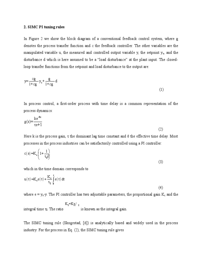 SIMC PI Tuning Rules: CG G y Y+ D 1+cg 1+cg | PDF