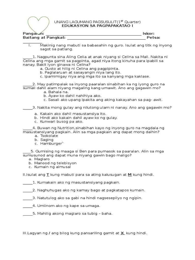 Unang Lagumang Pagsusulit Sa Esp | PDF