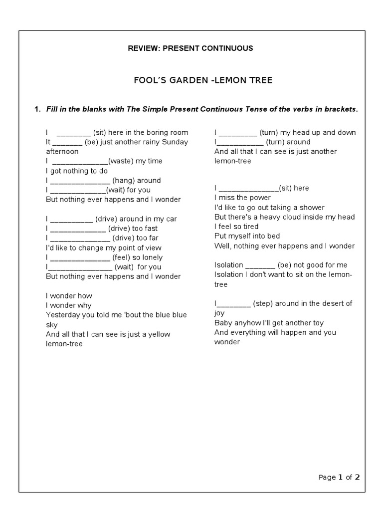 Lemon Tree Lyrics Exercise | PDF
