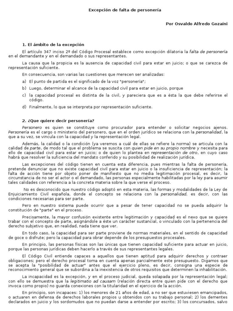 Excepción de Falta de Personería | PDF | Ley procesal | Personalidad legal
