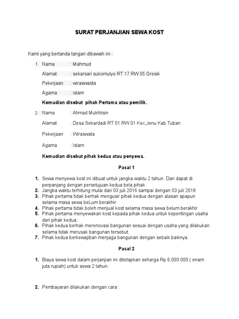 Surat Perjanjian Sewa Kost 2 Tahun | PDF
