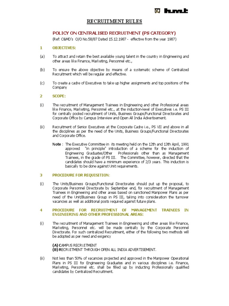 Recruitment Rules: Policy On Centralised Recruitment (Ps Category ...