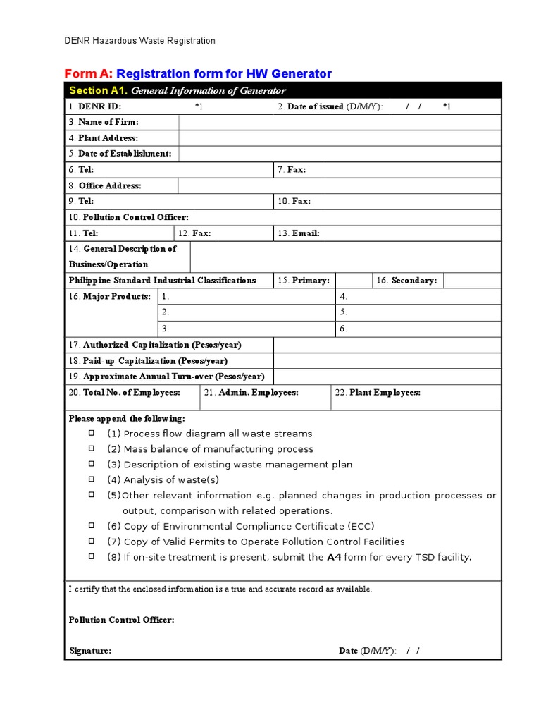 Hazardous Waste Generator Registration Form | PDF | Hazardous Waste ...