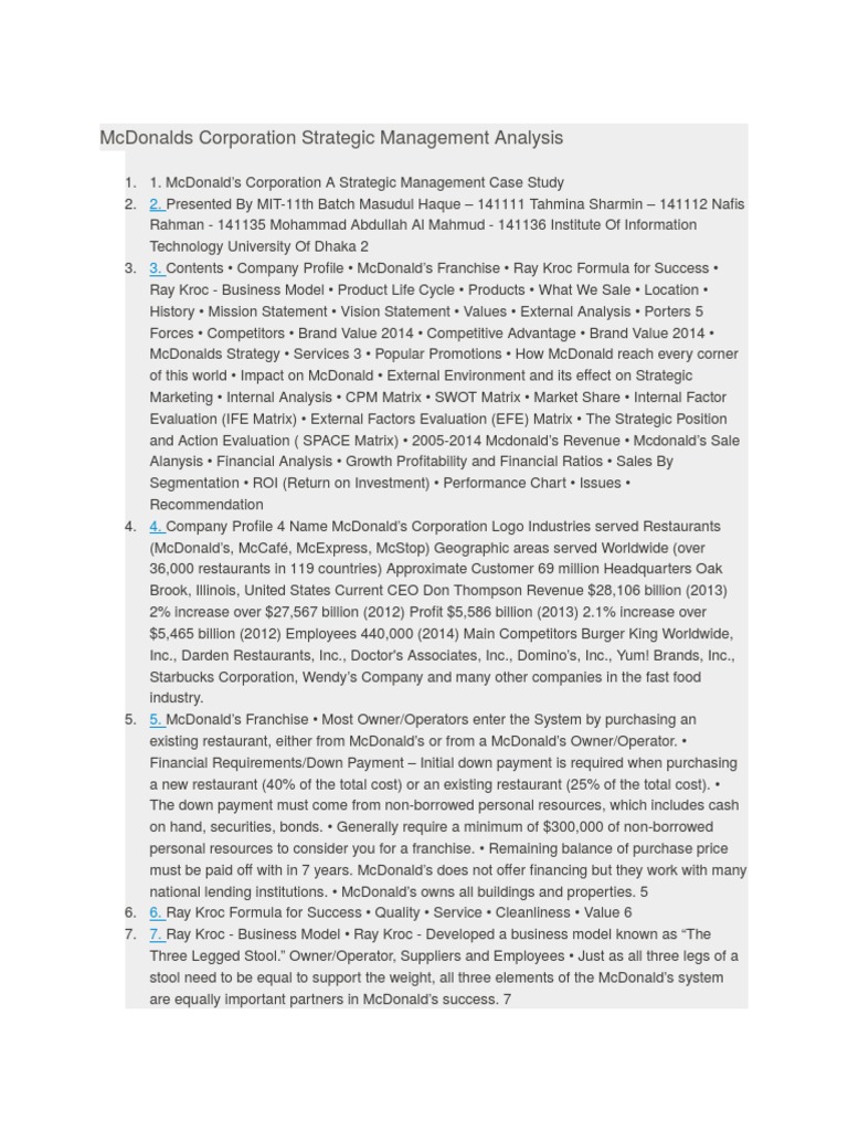 McDonalds Corporation Strategic Management Analysis | PDF | Mc Donald's ...