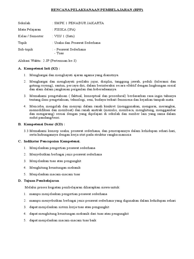 RPP KELAS 8 Bab 2 Pert - 3 Pesawat Sederhana Tuas | PDF