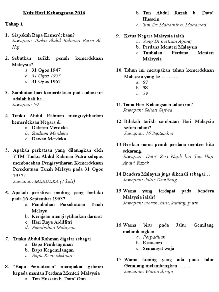 Kuiz Kemerdekaan Tahap 1 | PDF