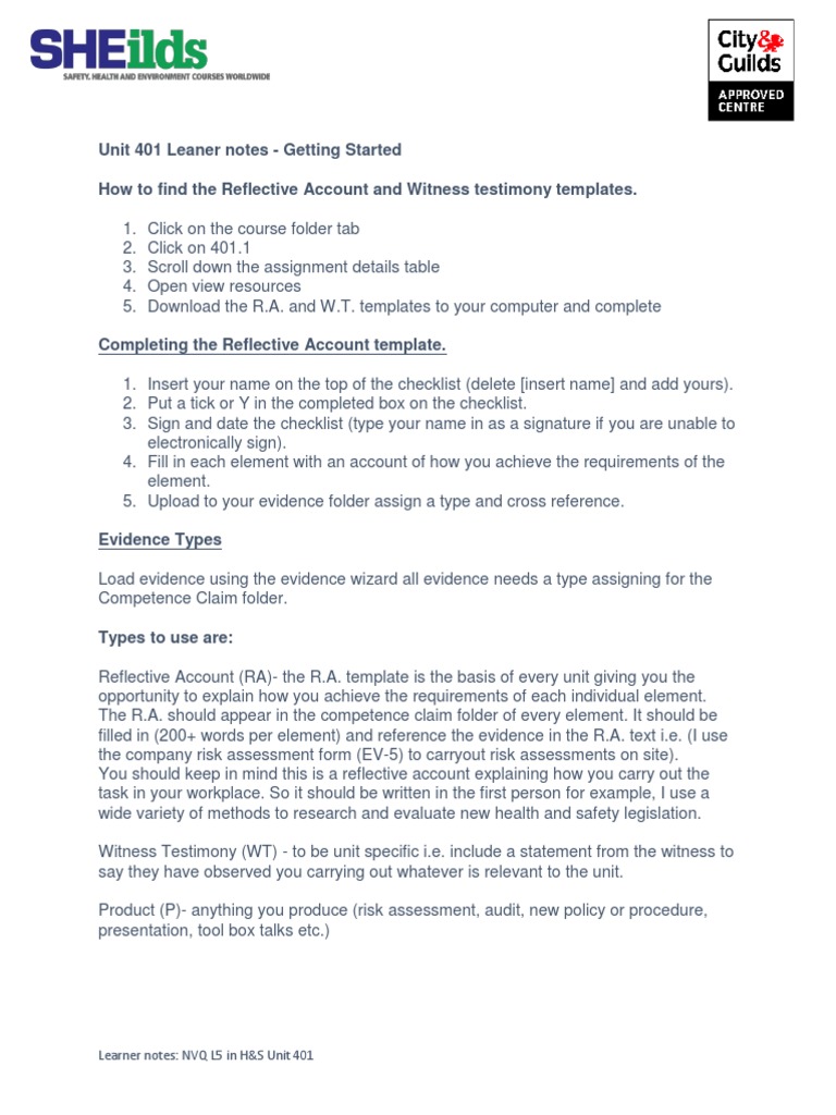 Unit 401 Learner Guidance Notes | PDF | Occupational Safety And Health ...