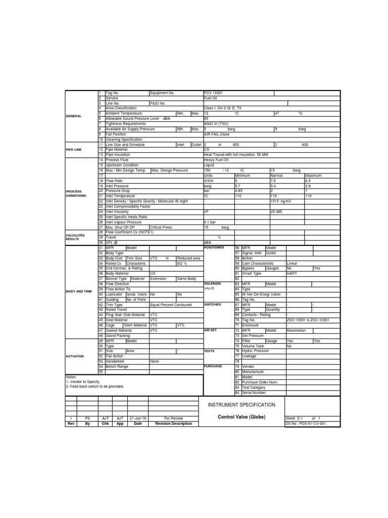 Control Valve Data Sheet S-1 | PDF