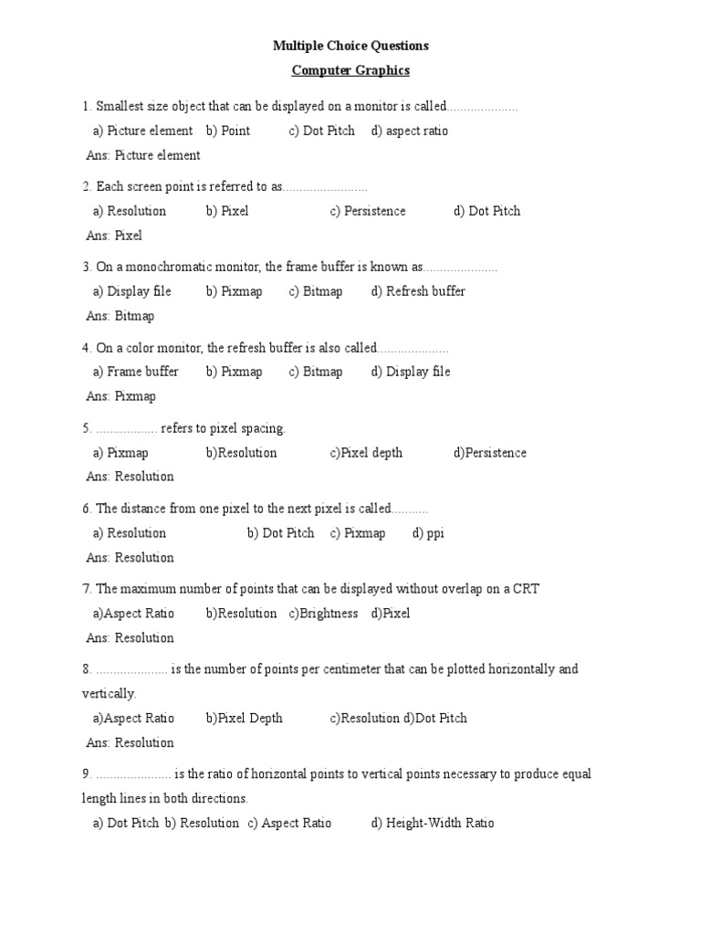 MCQ Computer Graphics - II | PDF | Display Resolution | Video