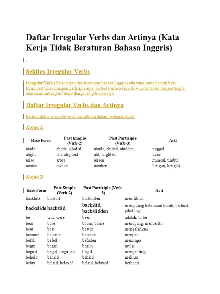 Daftar Irregular Verbs Dan Artinya | PDF
