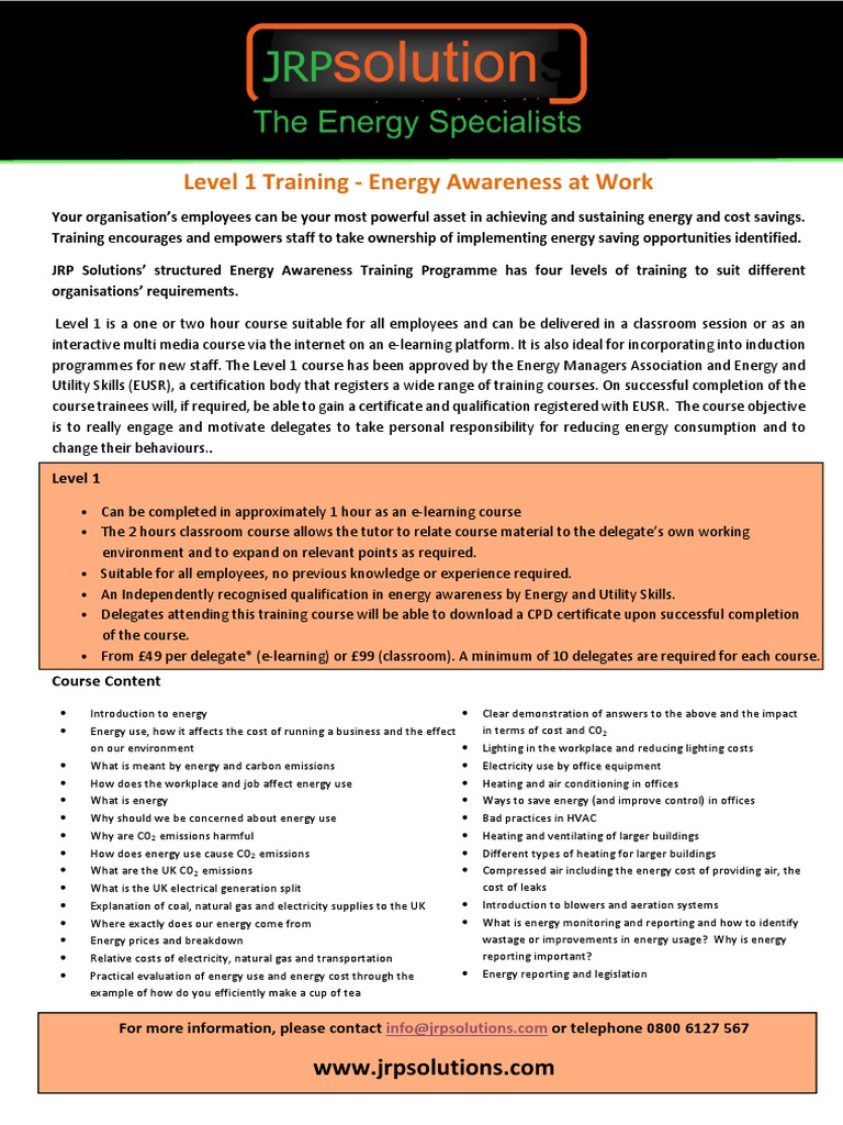 Level 1 Training - Energy Awareness at Work | PDF | Hvac | Efficient ...