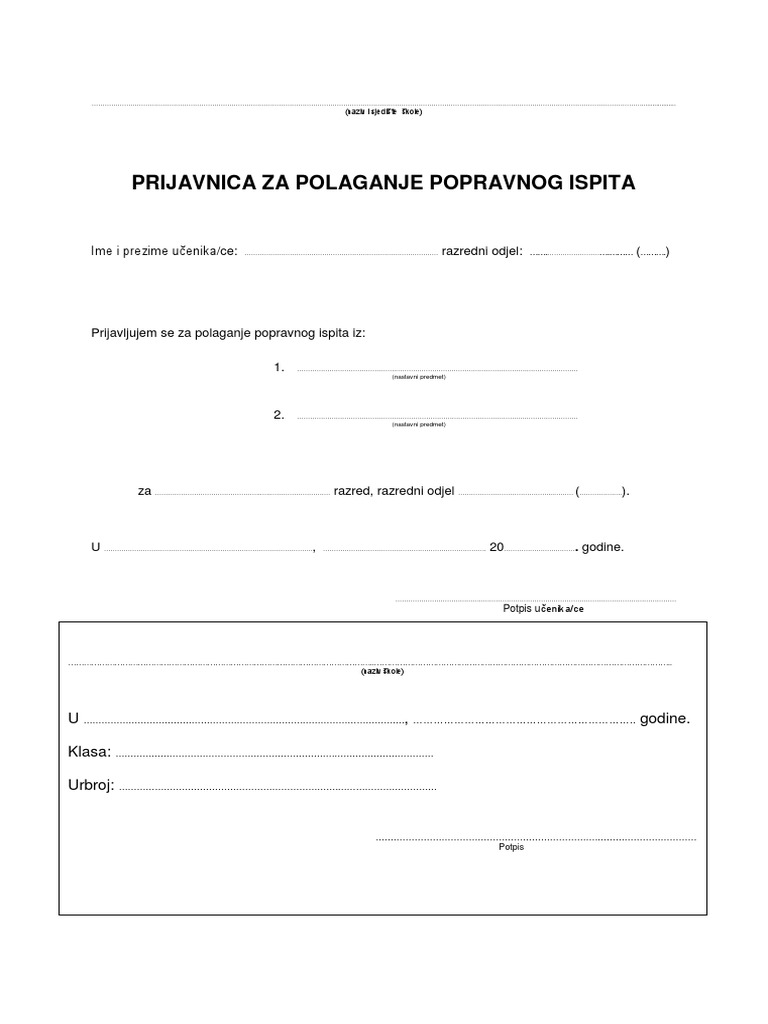 Prijavnica i Zapisnik Za Popravni Ispit u Oš