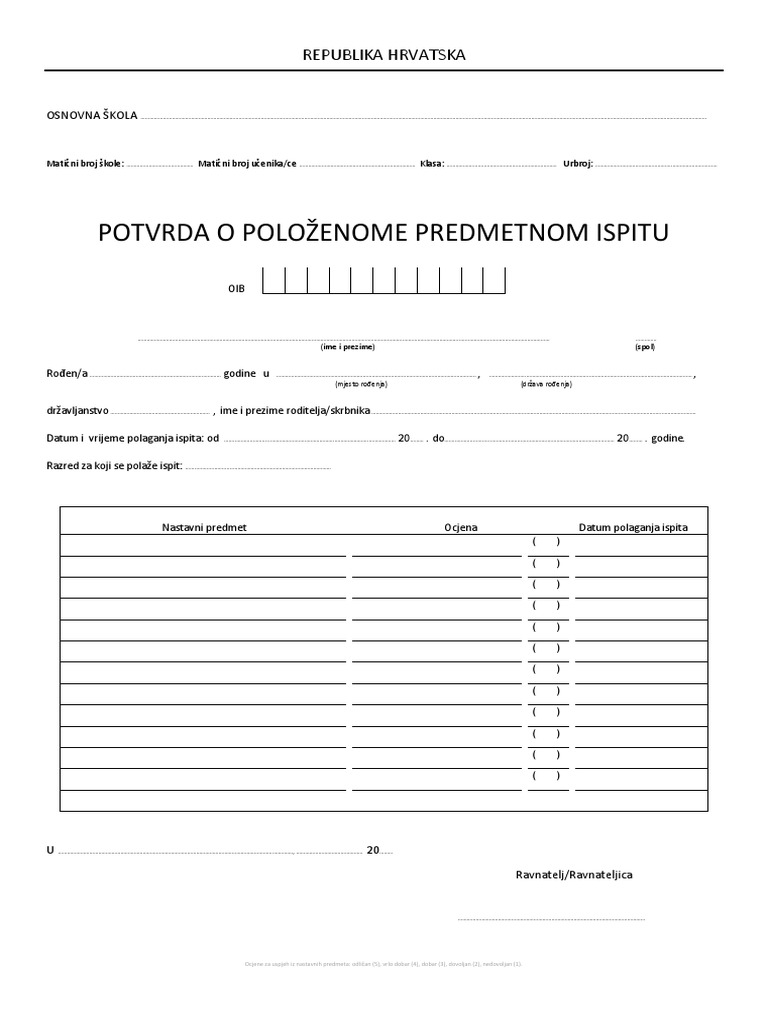 POTVRDA o Položenome Predmetnom Ispitu U OŠ | PDF