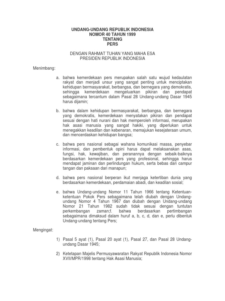 UU No. 40 Tahun 1999 Tentang Pers PDF | PDF