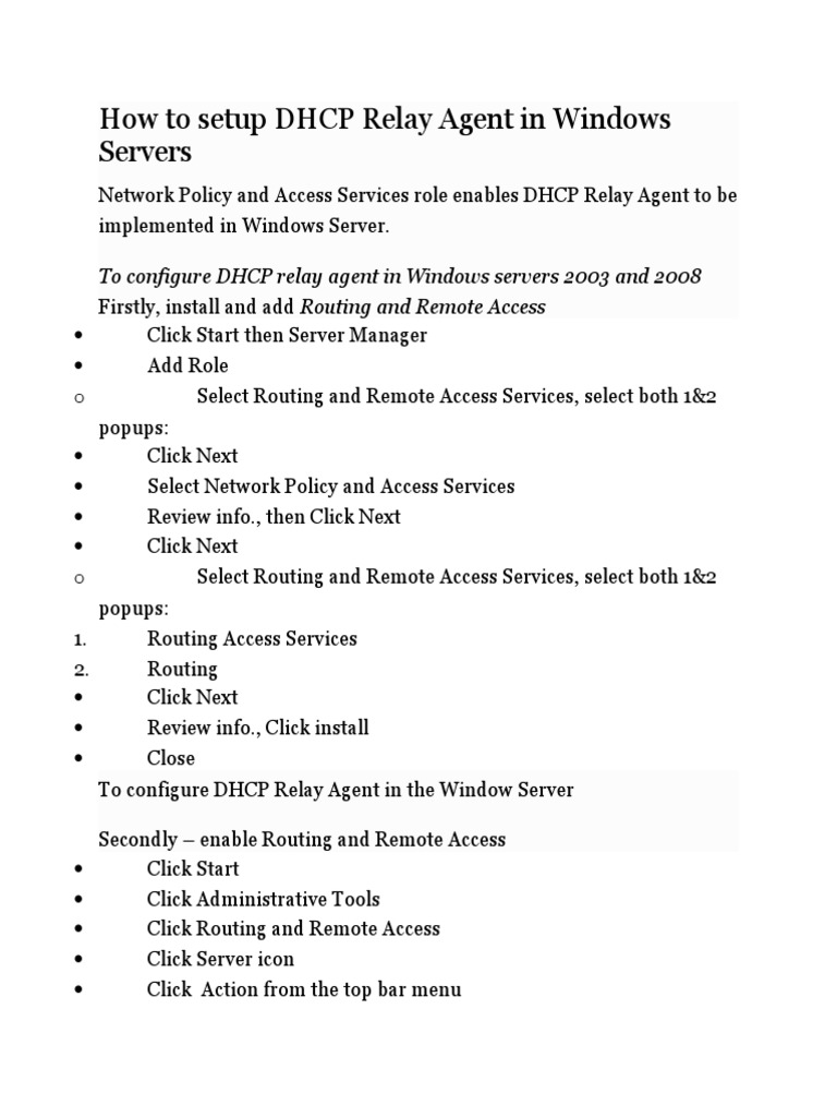 To Configure DHCP Relay Agent in Windows Servers 2003 and 2008 | PDF