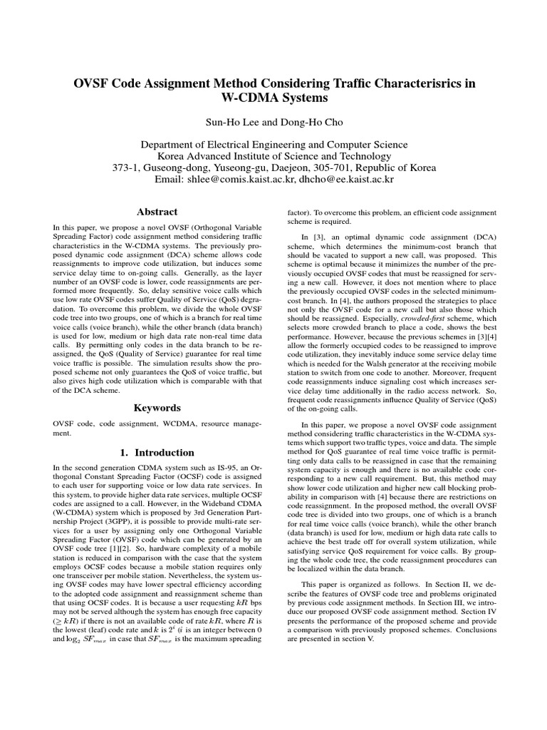 OVSF Code Assignment Method Considering Traffic Characterisrics in W-CDMA Systems | PDF ...