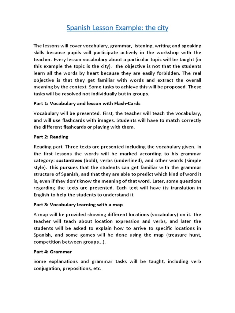 Spanish Lesson Example: The City: Part 1: Vocabulary and Lesson With ...