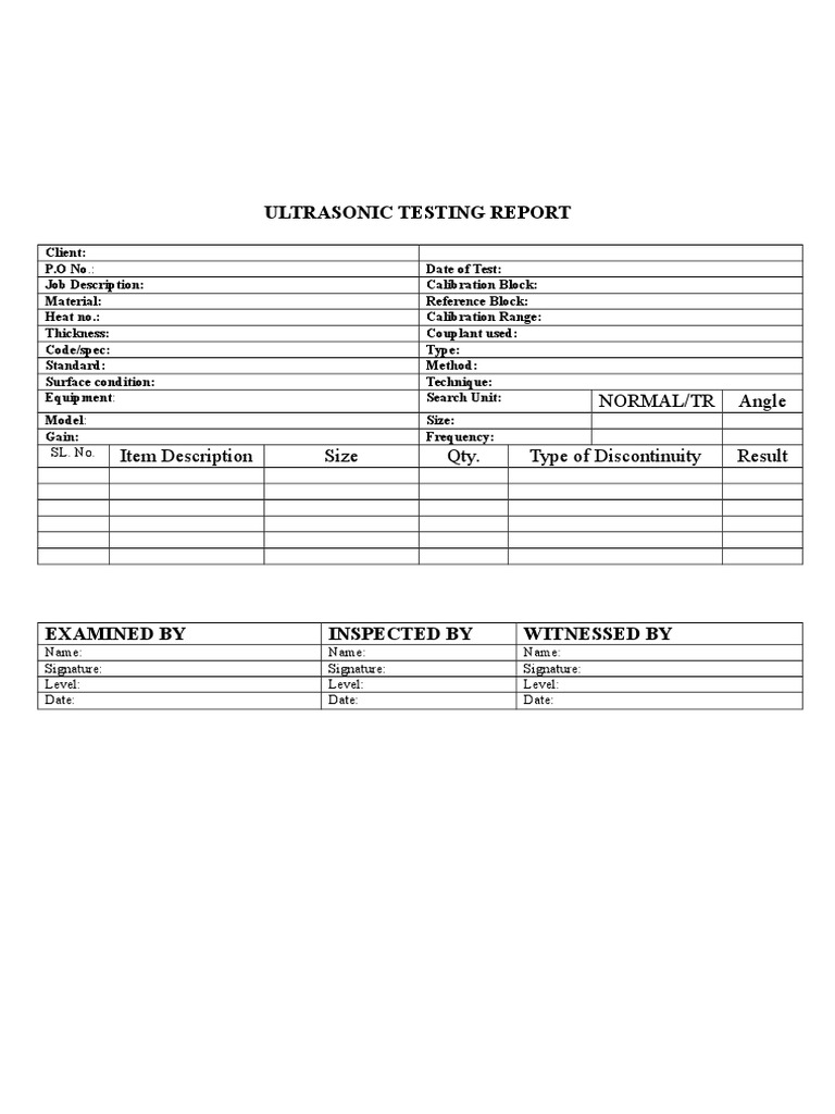 Ultrasonic Testing Report: Normal/Tr Angle Item Description Size Qty ...
