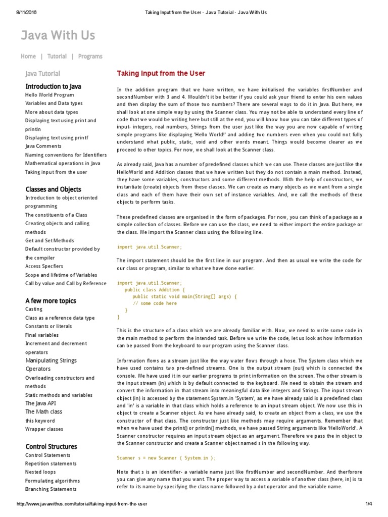 Taking Input From The User - Java Tutorial - Java With Us PDF | PDF | Class (Computer ...