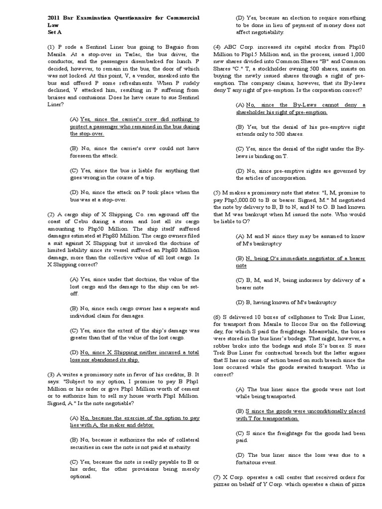 Bar Examination Questionnaire for Commercial Law | Negotiable ...