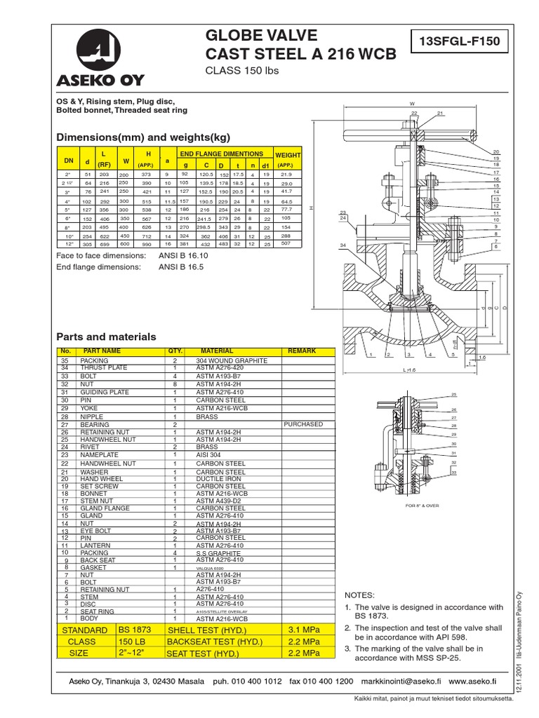Globe Valve Cast Steel A 216 WCB: Dimensions (MM) and Weights (KG) | PDF