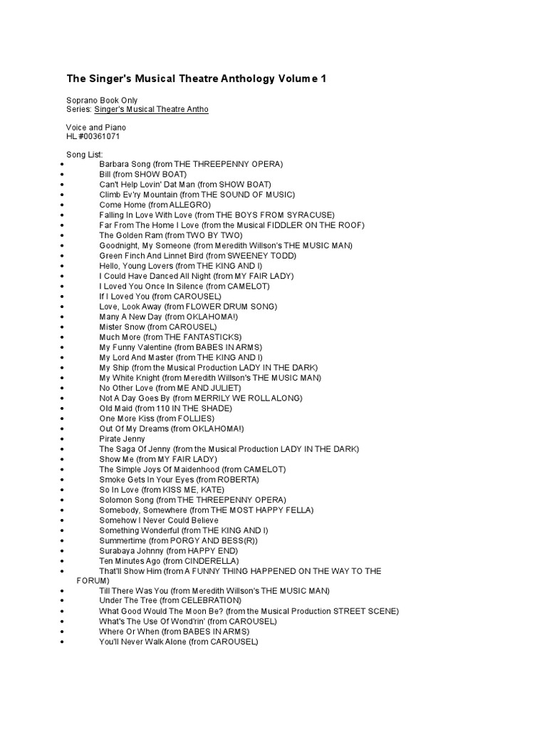 The Singer's Musical Theatre Anthology Volume 1 Song List | PDF