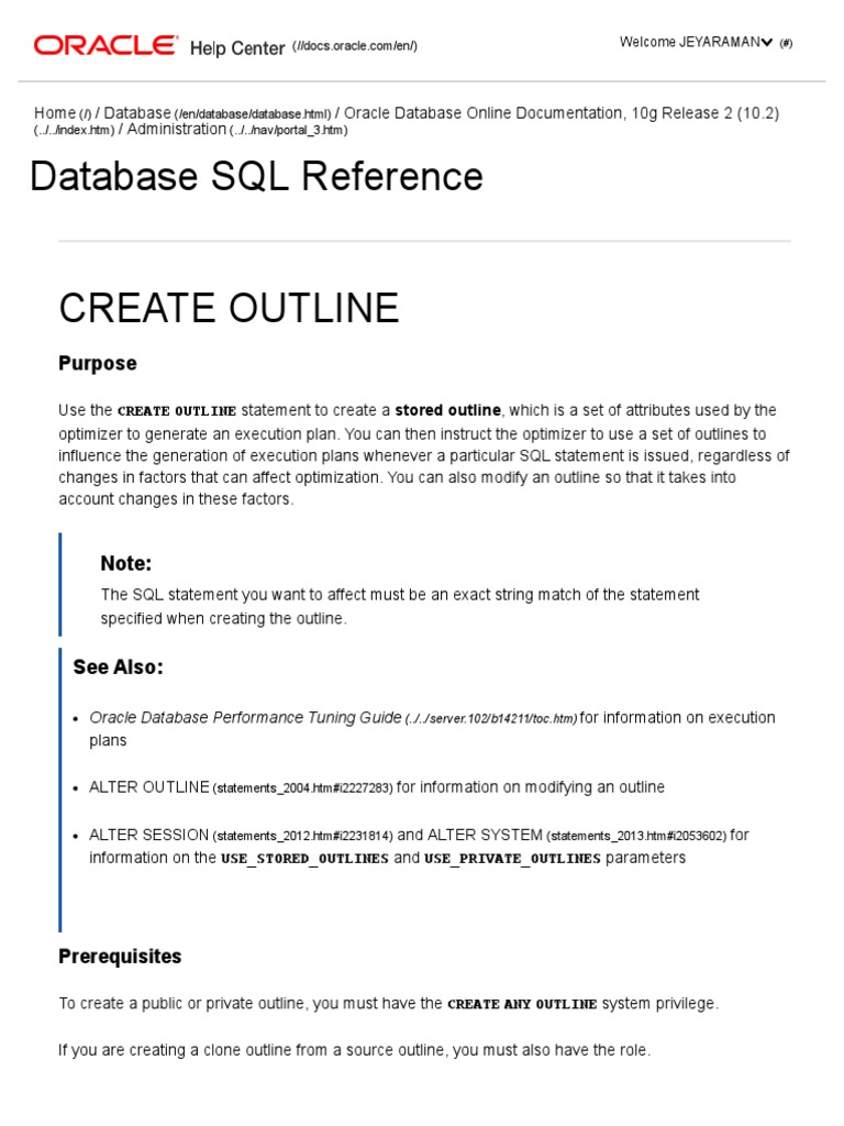 Database SQL Reference Create Outline: Purpose | Download Free PDF | Database Schema | Databases