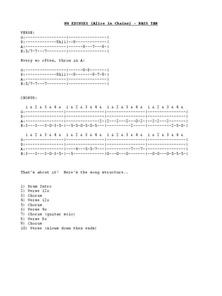 Alice in Chains - No Excuses (Bass Tab) | PDF