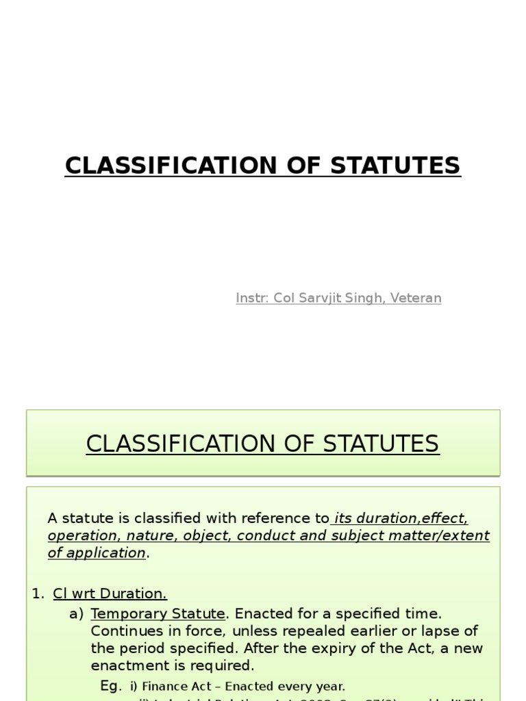 Classification of Statutes: Instr: Col Sarvjit Singh, Veteran | PDF ...