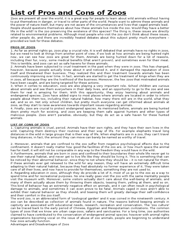Pros and Cons of Zoos Explained | PDF | Zoo | Endangered Species