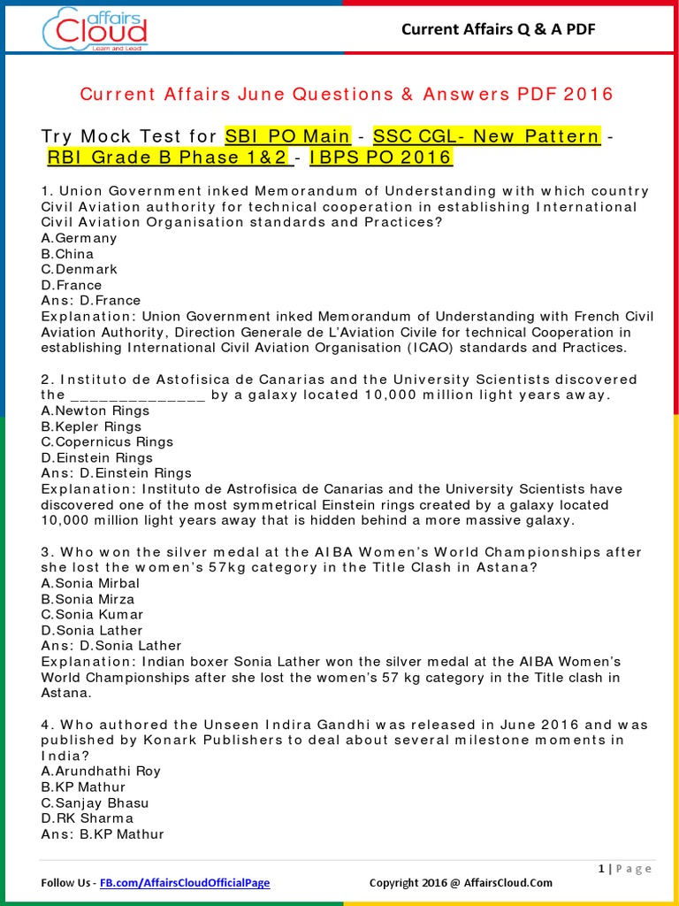Current Affairs Questions & Answers PDF - June 2016 by AffairsCloud PDF ...