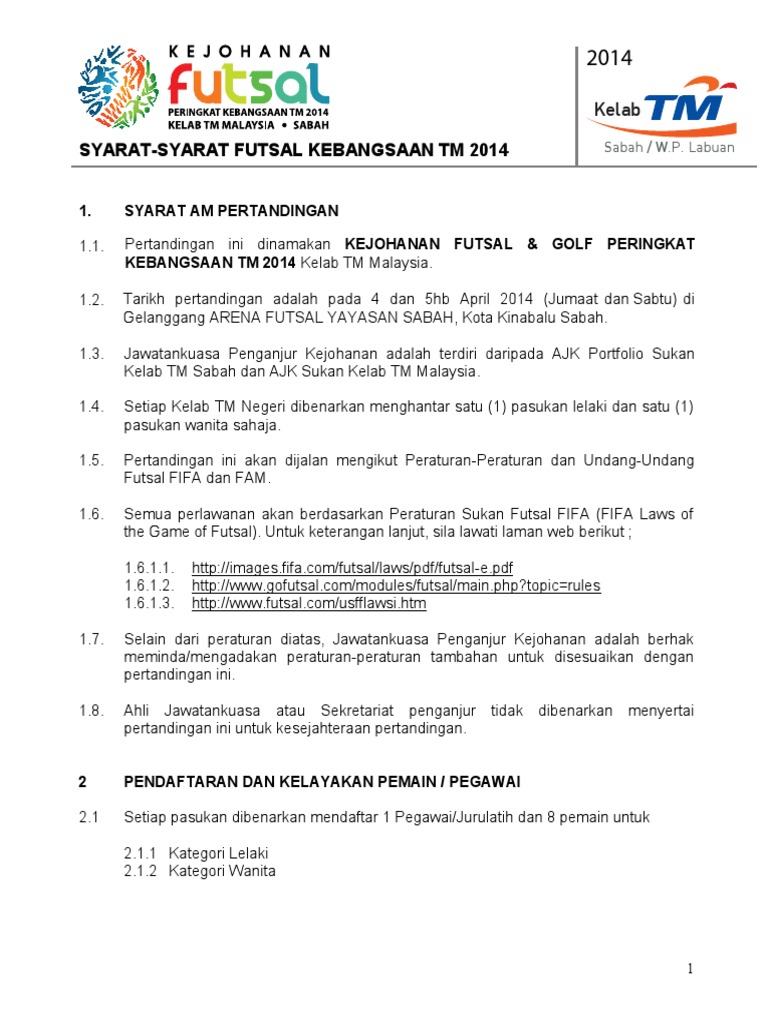 Syarat Pertandingan Liga Futsal Kebangsaan 2014 Kelabtm Malaysia | PDF