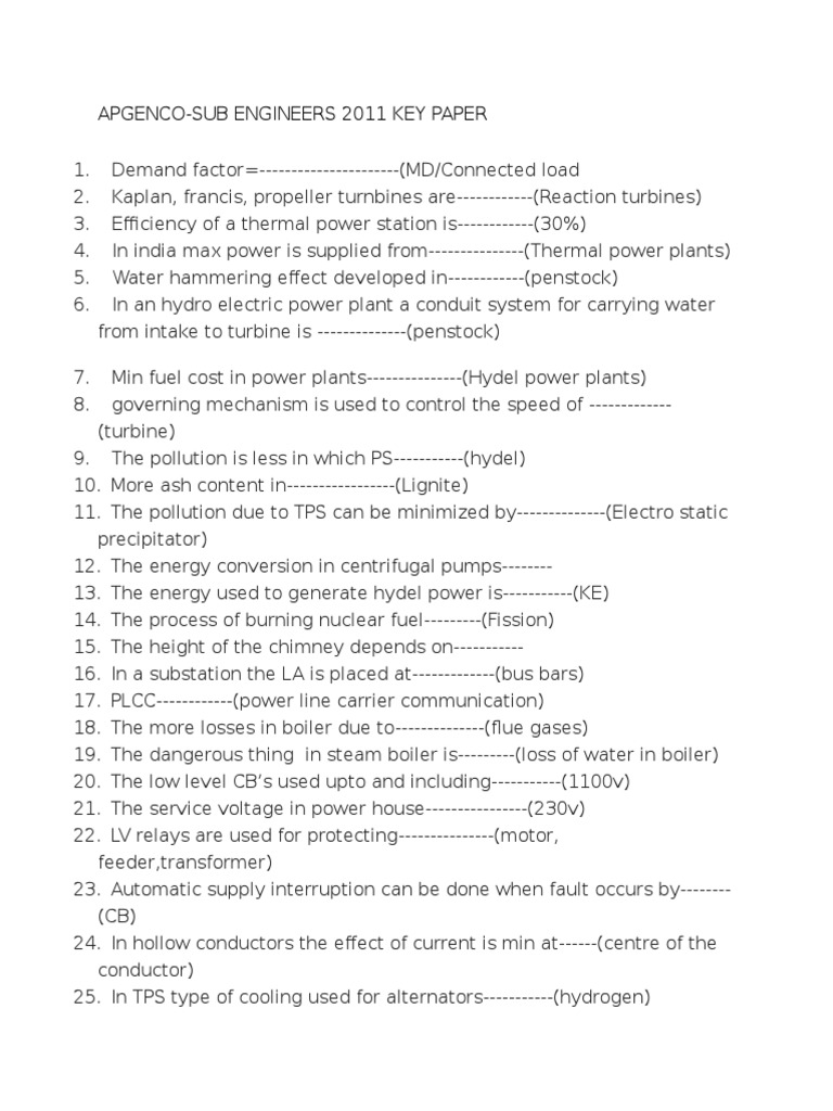Apgenco-Sub Engineers 2011 Key Paper | Download Free PDF | Power ...