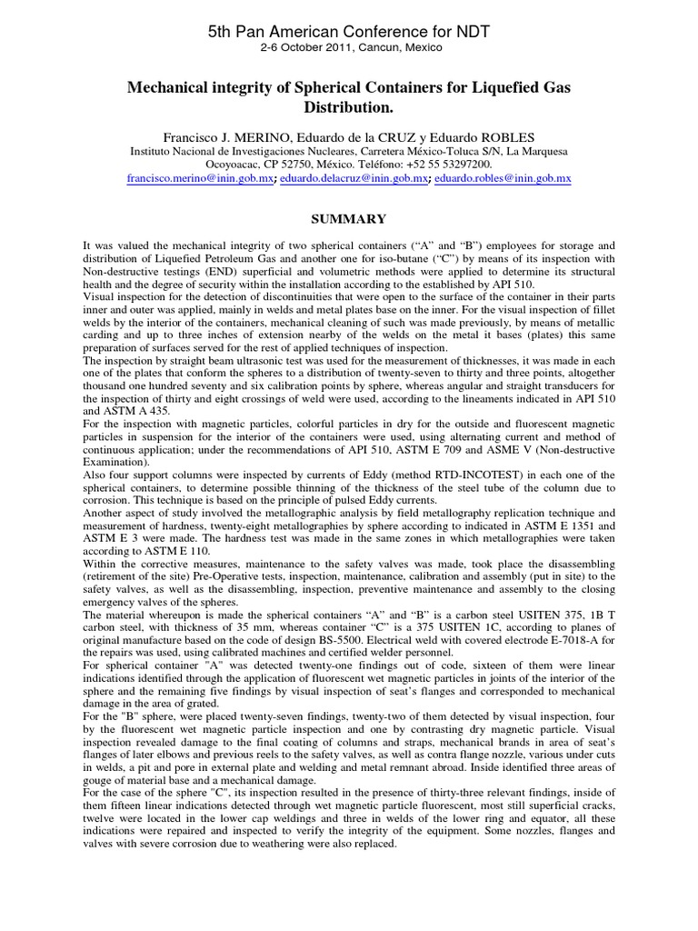Inspección de Esfera de GLP - Mexico PDF | PDF | Vacuum Tube | Steel