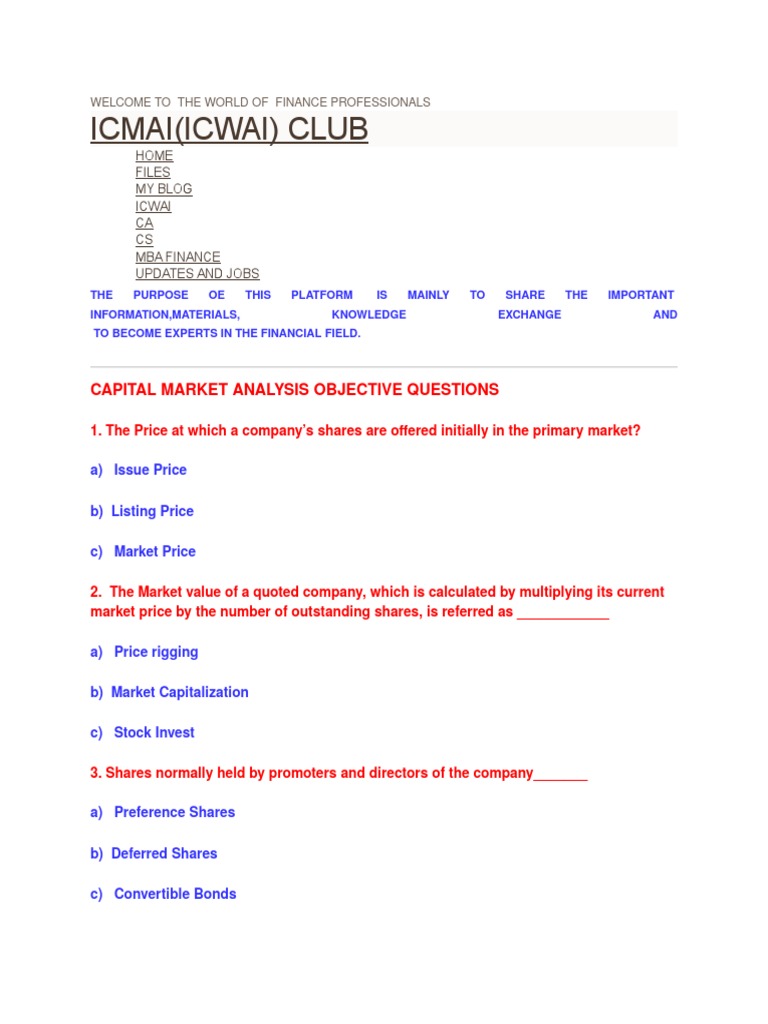 Important MCQ | PDF | Stocks | Option (Finance)