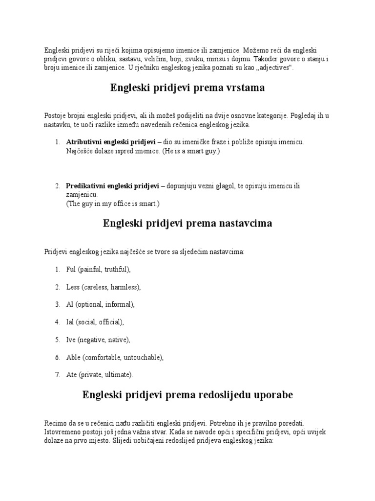 Engleski Pridjevi Su Riječi Kojima Opisujemo Imenice Ili Zamjenice | PDF