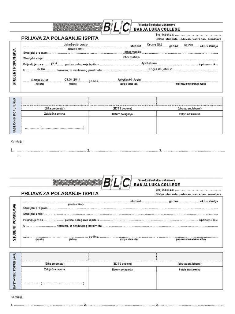 Formular Za Prijavu Ispita | PDF
