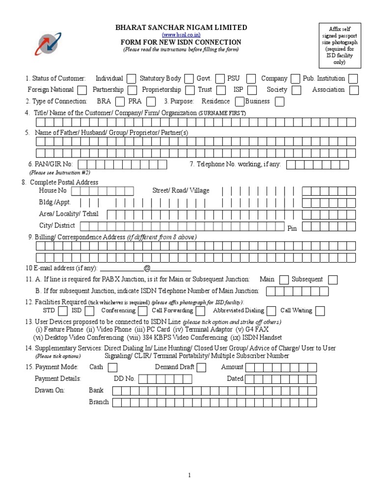 Bharat Sanchar Nigam Limited: Form For New Isdn Connection | PDF ...