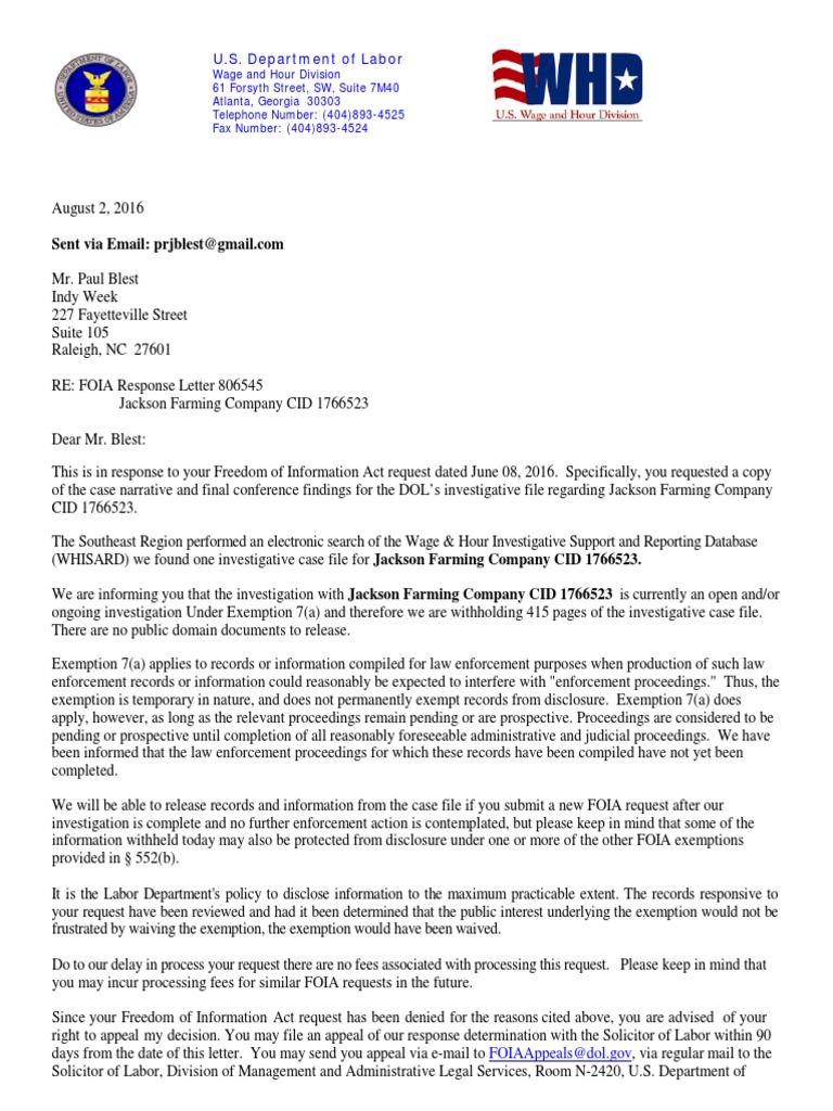 Letter From U.S. Wage and Hour Division | PDF | Freedom Of Information ...