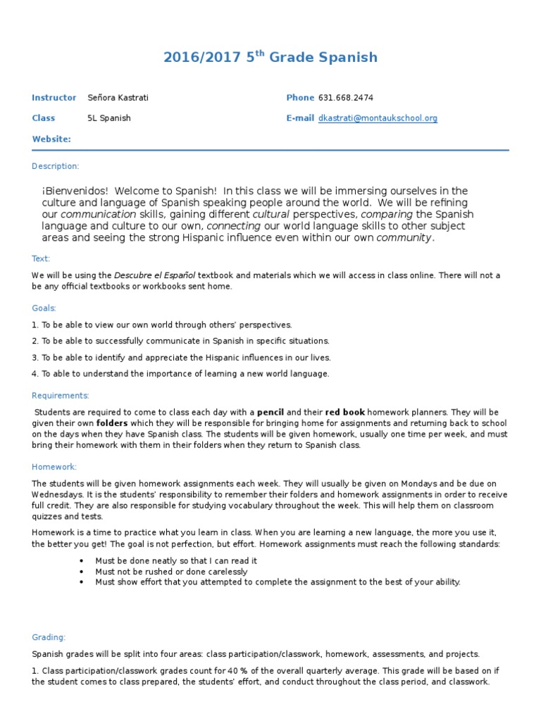 5th Grade Spanish Syllabus | Download Free PDF | Homework | Educational ...