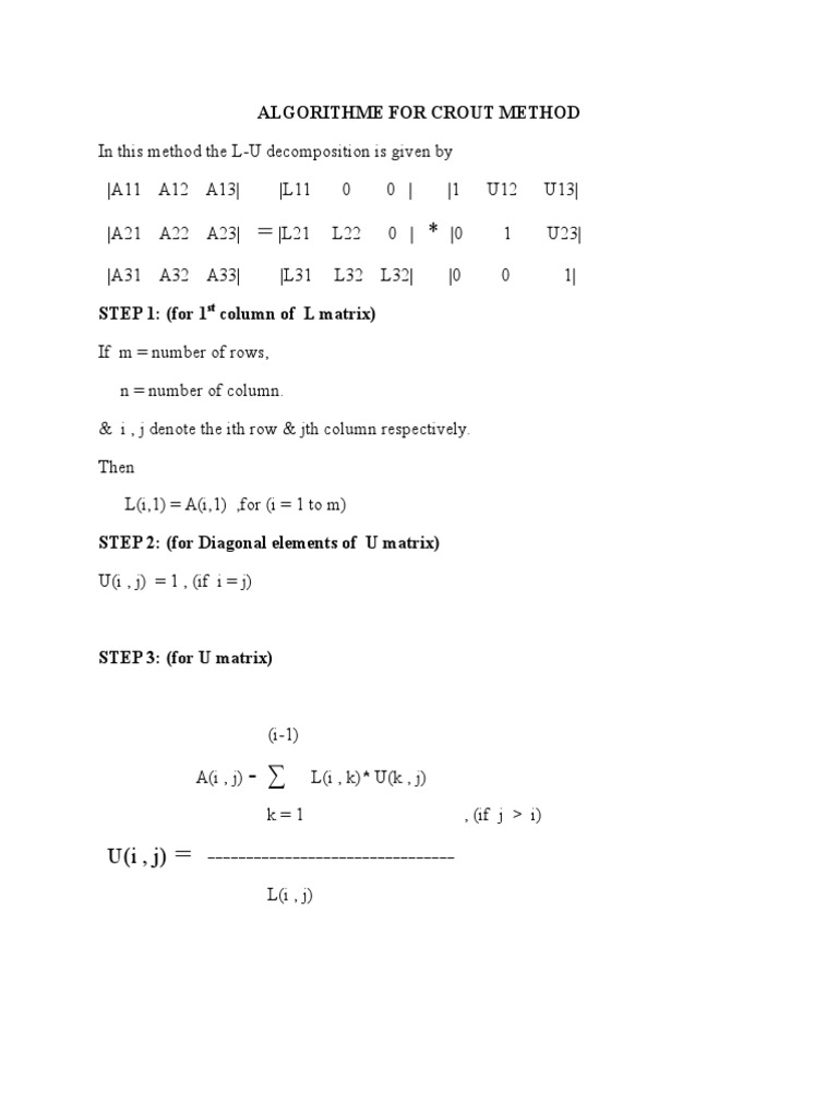 Algorithme For Crout Method | PDF