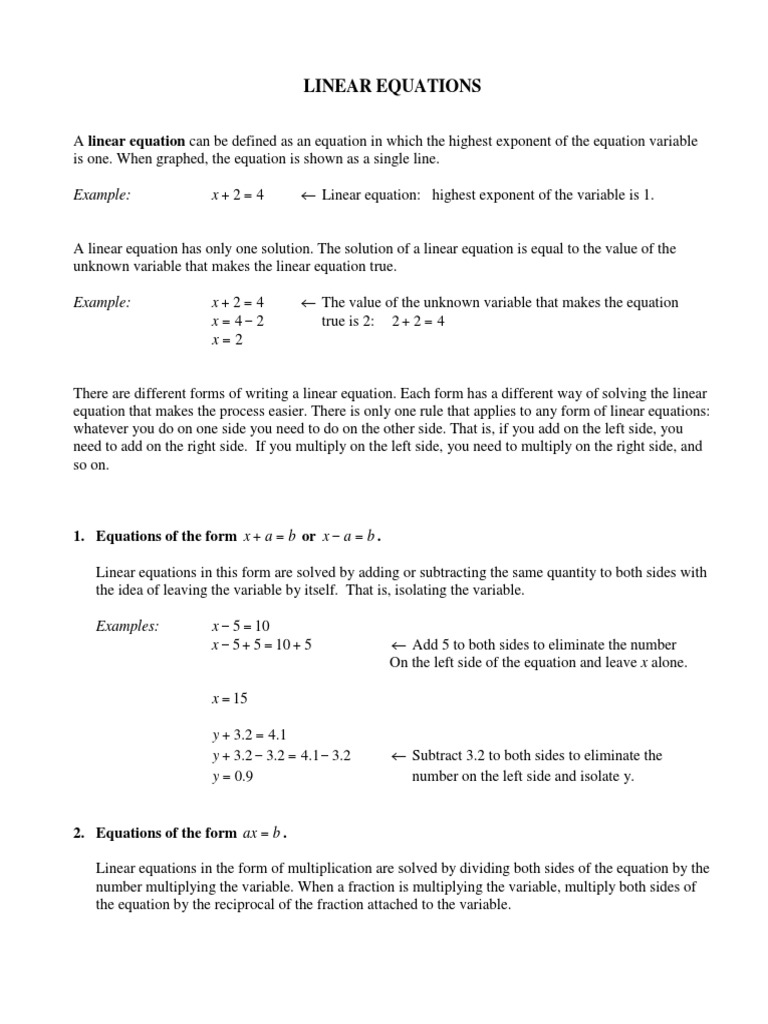 00 CSEC Linear Equations | PDF | Equations | Variable (Mathematics)