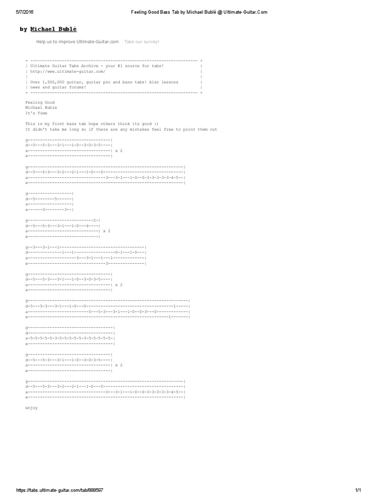Feeling Good Bass Tab by Michael Bublé at Ultimate-Guitar | PDF | Music ...