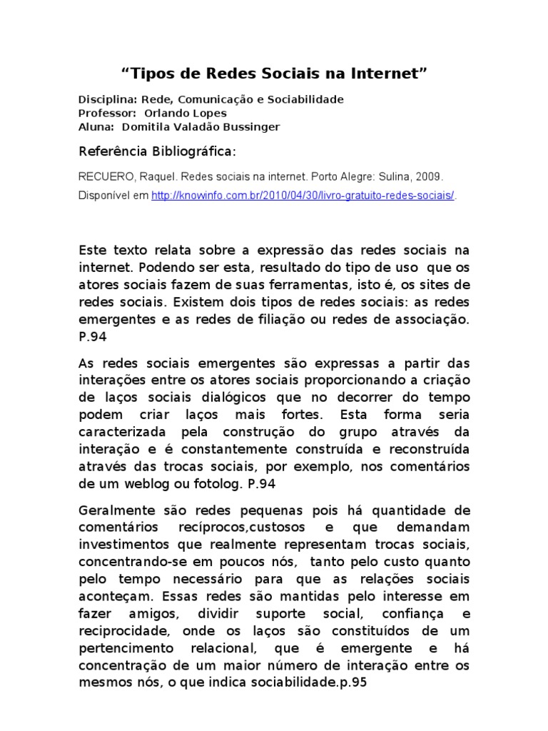 Tipos de Redes Sociais Na Internet - Docx1 | PDF | Rede social | Internet