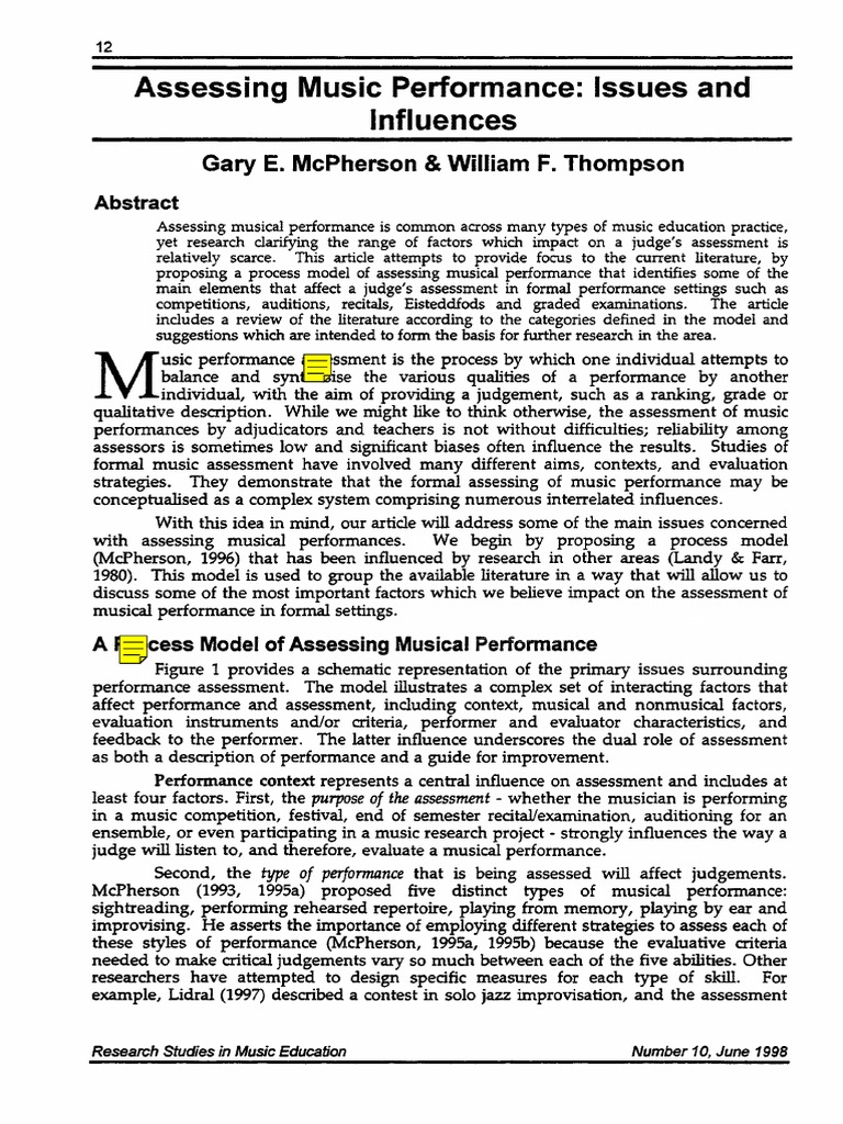 Assessing Music Performance - Issues and Influences PDF | PDF ...