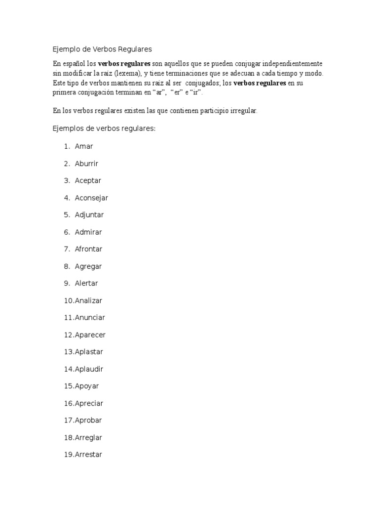 Ejemplos de Verbos Regulares en Español | PDF | Conjugación gramatical ...