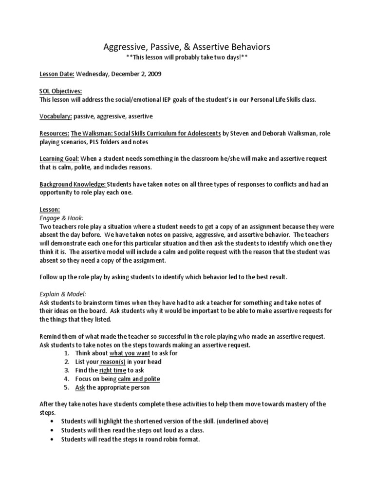 Aggressive, Passive, & Assertive Behaviors Lesson Plan | PDF | Aggression | Lesson Plan