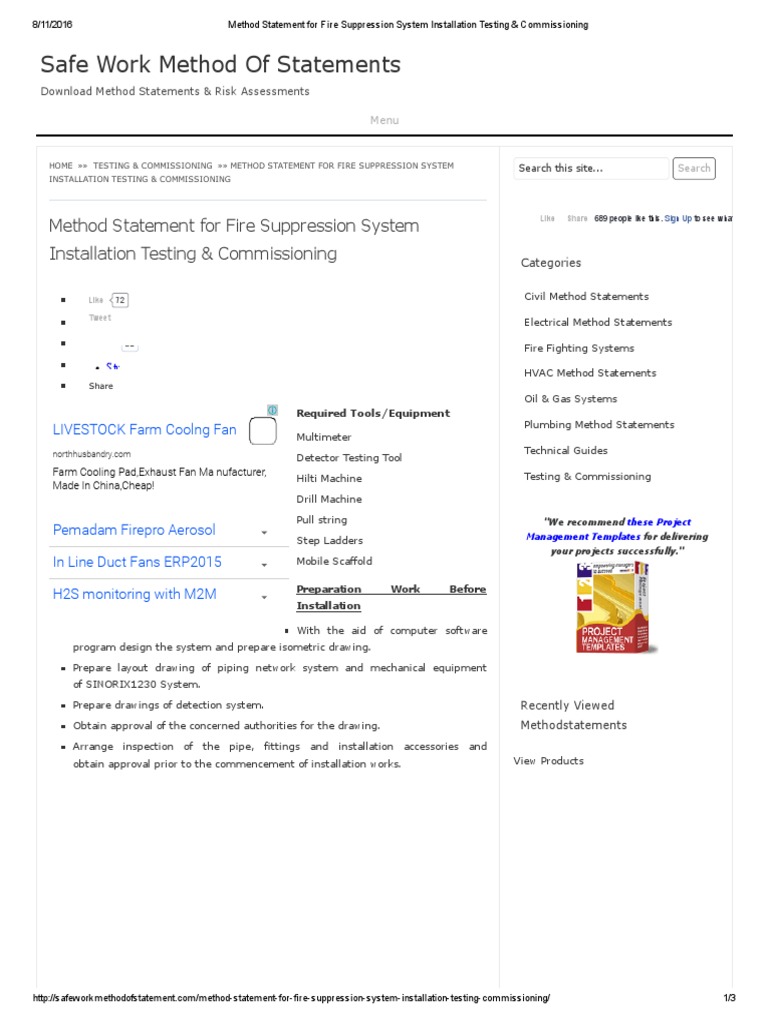 Method Statement For Fire Suppression System Installation Testing And Commissioning Pdf Pdf